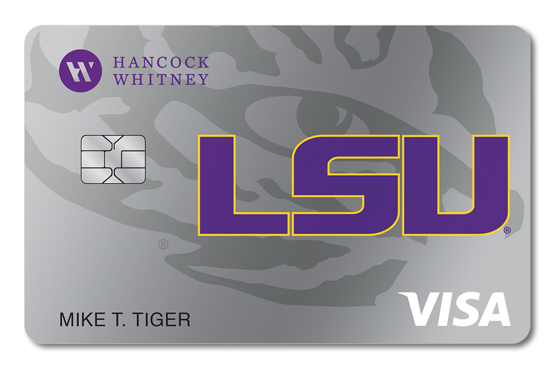 The LSU Debit & Credit Cards are now available at Hancock Whitney